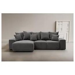 Ecksofa Inosign "Riwa" Sofas Gr. B/H/T: 300cm x 76cm x 150cm, Struktur fein, Ottomane links, Ottomane links, schwarz (jet schwarz) Trendiges Ecksofa mit vielen Kissen, Schlaffunktion & Bettkasten