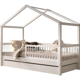 Hausbett Home Affaire "Forrest mit Dachaufbau, Rausfallschutz, später umbaubar zum Einzelbett", weiß (weiß, weiß, weiß), B:97,5cm H:170cm L:207,5cm, Betten, 90/200 Buche massiv weiß lackiert, wahlweise mit o. ohne Bettschublade
