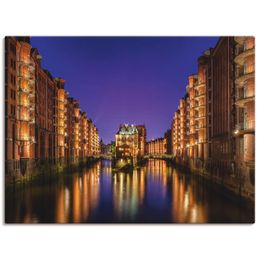 Leinwandbild Artland "Hamburg Speicherstadt bei Nacht", gold (goldfarben), B:120cm H:90cm, Canvas, Leinwand, Bilder, auf Keilrahmen gespannt