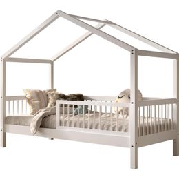 Hausbett Home Affaire "Forrest mit Dachaufbau, Rausfallschutz, später umbaubar zum Einzelbett", weiß (weiß, weiß, weiß), B:97,5cm H:170cm L:207,5cm, Betten, 90/200 Buche massiv weiß lackiert, wahlweise mit o. ohne Bettschublade