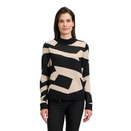 Strickpullover Betty Barclay "Betty Barclay Strickpullover mit Jacquard", Damen, Gr. 42, beige (schwarz, beige), Strick, Obermaterial: 43% Polyester, 34% Baumwolle, 23% Polyacryl., casual, gerade lang, Langarm, Pullover, Kragen