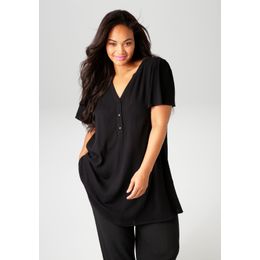 Longbluse ANISTON PLUS Gr. 44, schwarz, Damen, Cru00eape, Web, Obermaterial: 100% Viskose, unifarben, Strukturmuster, Blusen, in trendiger Crepe-Qualität - NEUE KOLLEKTION