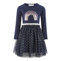 Jerseykleid happy girls Gr. 140, N-Gr, blau (navy), Mädchen, Jersey, Obermaterial: 95% Baumwolle, 5% Elasthan. Obermaterial 2: 100% Polyester. Futter: 100% Baumwolle, bedruckt, Kleider