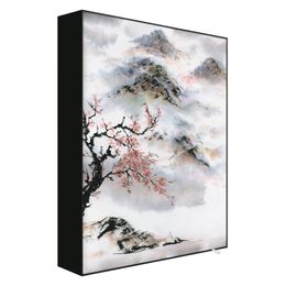Akustik-Wechselbild Japanische Aquarell Zeichnung Kirschbaum und Berge