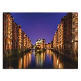 Leinwandbild Artland "Hamburg Speicherstadt bei Nacht", gold (goldfarben), B:120cm H:90cm, Canvas, Leinwand, Bilder, auf Keilrahmen gespannt