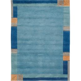 Wollteppich LUXOR living "India" Gr. 1, blau, B:60cm H:20mm L:90cm, Wolle, Teppiche, Designer-Teppich Knüpfteppich Schurwollteppich Teppich, reine Wolle, handgeknüpft, mit Bordüre, auch als Läufer