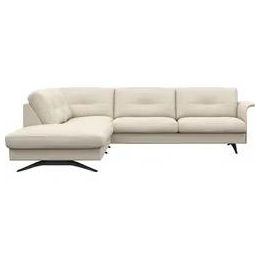 Ecksofa FLEXLUX "Glow bequem und komfortabel durch hochwertigen Sitzaufbau, L-Form" Sofas Gr. B/H/T: 268cm x 81cm x 224cm, Echtleder, Ottomane rechts, Armlehnen in Walnuss, weiß (warm weiß) Skandinavisches Design, In hochwertiger Verarbeitung