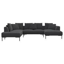 Ecksofa FLEXLUX "Sava U-Form, bequem und komfortabel durch den hochwertigen Sitzaufbau" Sofas Gr. B/H/T: 370cm x 94cm x 222cm, Lederoptik, langer Schenkel links, grau (shark grey) Schwarze Metallfüße, mit losen Rückenkissen, Luxuriöses Sitzkomfort