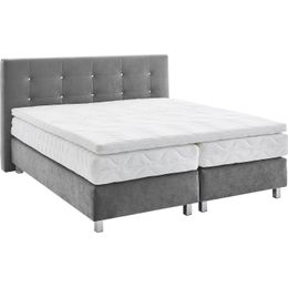 Boxspringbett, grau, B:215cm L:210cm, Bezug: Microvelours 100% Polyester;Polsterung: 100% Polyester, Westfalia Schlafkomfort, Komplettbetten, Boxspringbett, mit Kn&ouml;pfen in Kristalloptik, wahlweise mit Topper