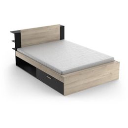 Calicosy - Kombi-Bett mit Stauraum - 140 x 190/200 cm - Holzfarben & Schwarz - eralia