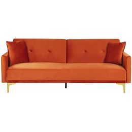 Beliani - 3-Sitzer Schlafsofa Orange Samtbezug Gesteppt mit Goldenen Metallbeinen 2 Kissen Retro Klappsofa Wohnzimmer Sofa mit Schlaffunktion