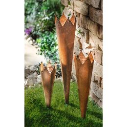 3 Gartenstecker 'Krönchen' aus Metall in Rost Optik mit Windlichtglas, Gartenstecker, Kerzenhalter, Dekostecker, Gartendeko für Draußen