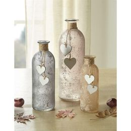 3x Vasen 'Flasche' aus satiniertem Glas mit Herzen aus Holz, Blumenvase, Flaschenvase, Dekoflasche, Vasenset