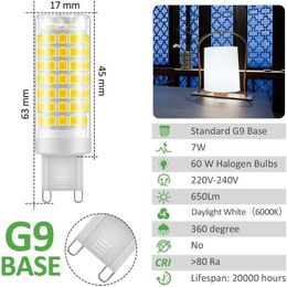 XVX - G9 LED-Glühbirne, 7 w, 430 lm, kaltweiß 6000 k, 220–240 v, nicht dimmbar, energiesparend, für Deckenbeleuchtung, Schlafzimmer, Wohnzimmer,