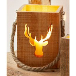 Kerzenhalter 'Hirsch' aus recyceltem Holz im Shabby Look mit Windlichtglas, Holzlaterne, Hängelaterne, Windlicht, Kerzenständer