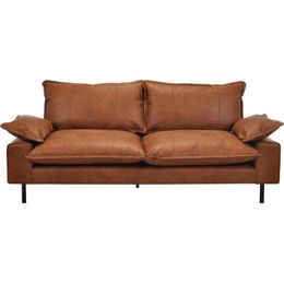 Miliboo Sofa aus Leder in Antikoptik in Cognacbraun und schwarzem Metall 3-Sitzer DORY