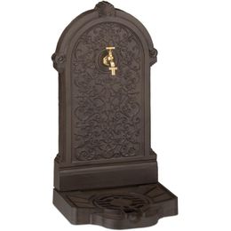 Standbrunnen, Antik-Stil, hbt: 73x39x32 cm, Nostalgie, Garten, Terrasse, Wasserhahn, Becken, stehend, braun - Relaxdays