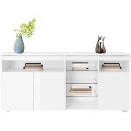 Sideboard, glänzendes Sideboard mit Glasböden und Lichtleiste, drei große Stauraumtüren