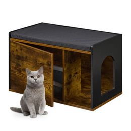 Relaxdays - Katzenkloschrank mit Sitzauflage, Katzenhaus & Sitzbank, hbt: 45,5 x 75 x 43 cm, für Katzenklo, braun/schwarz