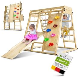 Juskys - Maxi Klettergerüst für Kinder - Indoor Spielplatz mit Rutsche, Kletterwand, Kletternetz & Schaukel - Holz Kletterturm klappbar - Natur - groß