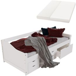 Juskys - Funktionsbett Nalu 90x200 cm - Holz Bett mit Matratze, Lattenrost & Schubladen - Stauraumbett für Kinder - Jugendbett, Kinderbett - Weiß