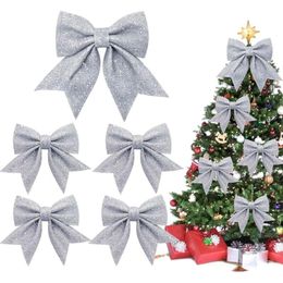 She 1+4 Stück Silber Schleifen Weihnachten Weihnachtsbaum Schleifen Glitzer Weihnachtsbaumschmuck für Familienfeiern Party Dekoration für Weihnachten