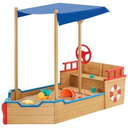 Juskys - Sandkasten Käpt'n Pit - Piratenschiff Boot aus Holz - große Kinder Sandkiste für Garten mit Bodenplane, Dach & Sitzbank - Outdoor Sandbox