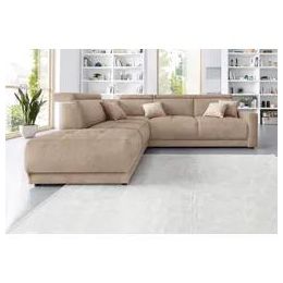 Ecksofa DOMO collection "Ava L-Form", beige (natur), B:266cm H:84cm T:99cm, Kunstleder SOFTLUX, Struktur fein (100% Polyester), Zierkissen: Microfaser PRIMABELLE (100% Polyester), Struktur (100% Polyester), Microfaser PRIMABELLE (100% Polyester), Sofas, mit Ottomane, Federkern wahlweise mit Kopfteilverstellungen