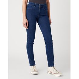 5-Pocket-Jeans Wrangler Gr. 28, Länge 30, blau (unbreakable), Damen, Denim/Jeans, Obermaterial: 91% Baumwolle, 5% Polyester, 4% Elasthan, Jeans, mit kontrastfarbenen Nähten