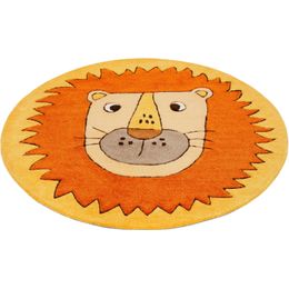 Kinderteppich Smart Kids, H:9mm Ø:100cm, orange, Kunstfaser, Teppiche, "Linus", Löwe Tiermotiv, Konturenschnitt