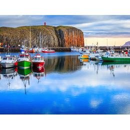 papermoon Fototapete "HAFEN ISLAND-K&Uuml;STE KLIPPEN MEER SEE OZEAN GEBIRGE BOOTE", B/L: 5mm x 2,8mm, Bahnen: 10 Stk. St., bunt, Schlafzimmer, Tapeten