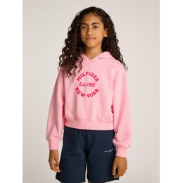 Hoodie Tommy Hilfiger "HILFIGER NEW YORK HOODIE" Gr. 10 (140), pink (pink sugar), Mädchen, Sweatware, Obermaterial: 68% Baumwolle, 32% Polyester, unifarben, Sweatshirts, mit großem Logodruck