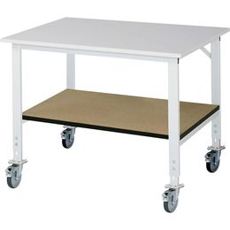 Rau Arbeitstisch mit Ablageboden, fahrbar, melaminbeschichtete Platte, Stärke 22 mm, BxT 1250 x 1000 mm