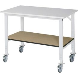Rau Arbeitstisch mit Ablageboden, fahrbar, melaminbeschichtete Platte, Stärke 22 mm, BxT 1250 x 800 mm