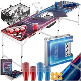 TecTake® Bierpongtisch, aus Aluminium, mit Eisfach, Becherlöchern, LED-Beleuchtung, bodenschonende Kunststofffüße, inklusive 100 Bechern, 6 Bällen und Kartentrinkspiel