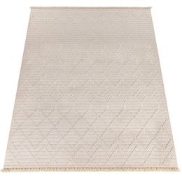 Teppich Paco Home "Buckman 467", beige (creme), B:120cm H:11mm L:170cm, Polyester, Teppiche, Fransenteppich, Kurzflor, Uni Farben, Hoch-Tief Effekt, Rauten, mit Fransen