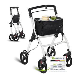 Juskys Aluminium Wohnungsrollator Aktiv - Tasche & Tablett - Rollator schmal & faltbar - Wei&szlig;