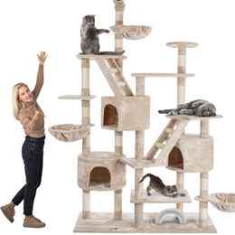 HAPPYPET Kratzbaum deckenhoch 260 cm hoch, Kletterbaum SAM &ndash; Gro&szlig;er XXL Katzenbaum Stabil f&uuml;r mehrere Katzen, stabile 8 cm S&auml;ulen, Liegemulden, H&auml;user, mit Zubeh&ouml;r Beige 260 cm