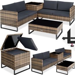 TecTake&reg; Rattan Lounge, f&uuml;r 4 Personen, gro&szlig;e Aufbewahrungsbox, mit Sicherheitsglasplatte