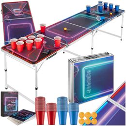 TecTake&reg; Aluminium Bierpongtisch, mit LED-Beleuchtung, bodenschonende Kunststofff&uuml;&szlig;e, inklusive 100 Bechern, 6 B&auml;llen und Kartentrinkspiel
