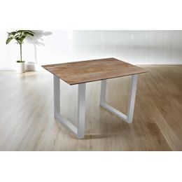 Esstisch 140x80cm Akazie massiv eichenfarben schweizer Kante U-Gestell silber DEAN