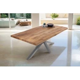 B-Ware Esstisch Baumkante 180 x 90 cm Mangoholz Rough Spider-Gestell silber CALI