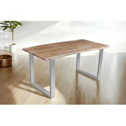 Esstisch Baumkante Akazie massiv eichenfarben 180 x 90 cm U-Gestell silber DEREK