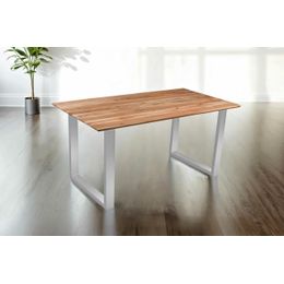 Esstisch 160x85cm Akazie massiv eichenfarben schweizer Kante U-Gestell silber DEAN