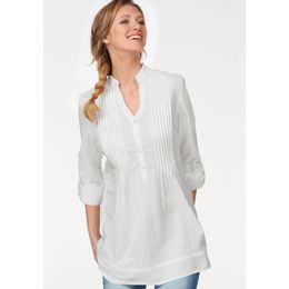 Longbluse Aniston CASUAL Gr. 36, weiß (sanftes weiß), Damen, Web, Obermaterial: 100% Baumwolle, unifarben, Blusen, mit dekorativer Biesenverarbeitung