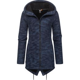 Kapuzenstrickjacke Ragwear "Wingi Melange", Damen, Gr. XS (34), blau (navy), Strick, Obermaterial: 56% Baumwolle, 44% Polyester. Innenfutter: 100% Polyester, figurumspielend ca. Mitte Oberschenkel, hoch geschlossener Ausschnitt, &Auml;rmel ohne &Auml;rmelschlitz abgesteppte Kante mit Daumenl&ouml;chern, Strickjacken, Sportliche Kapuzenjacke mit Teddy-Kunstfell