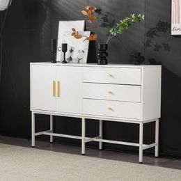 Kommode, Sideboard mit zwei Türen und drei Schubladen, goldene Griffe in verschiedenen Designs und Metallfüße, Maße: L120/B32/H80, weiß