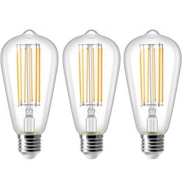 8W E27 ST64 LED-Glühbirne, Vintage-Edison-Glühlampe, 80W-Äquivalent, 2700K Warmweiß, 800LM, Retro-Dekolampe, nicht dimmbar, 3er-Pack