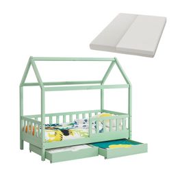 Juskys Kinderbett Marli 90 x 200 cm mit Matratze, Bettkasten, Gitter, Lattenrost & Dach - Bett Mint