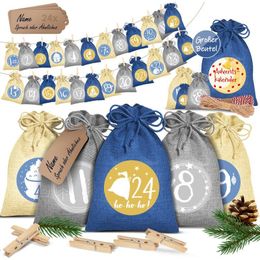 Kesser Adventskalender zum Befüllen 24 Jutebeutel Gedruckte Stoffbeutel Kinder Weihnachtskalender zum Selber Befüllen Inkl. 24x Schildchen Blau / 16x12cm